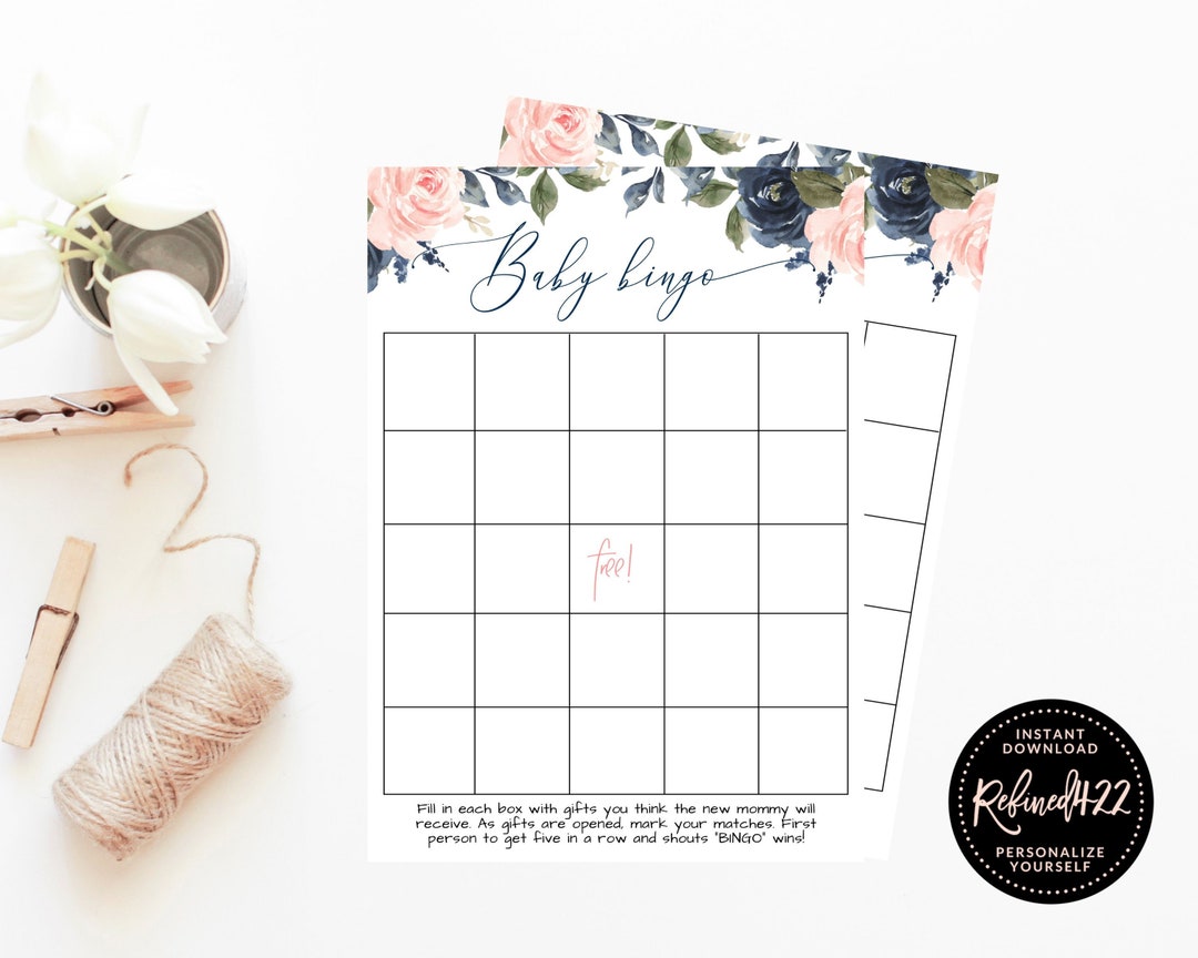 Pink Navy Floral Bingo Game, Baby Shower Bingo Activity, Shower Games ...