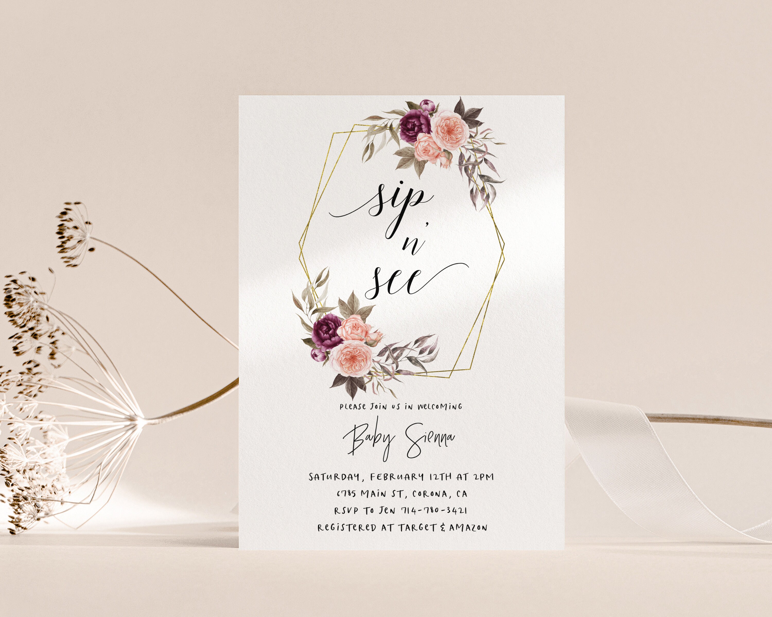 Floral Sip And See Phone EvitePrintable Invite Welcome Baby | Etsy