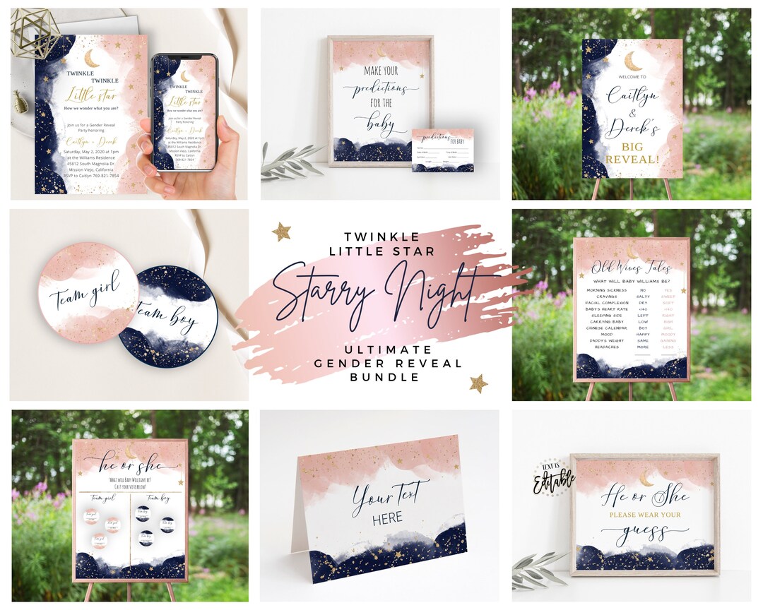 Starry Night Collection Gender Reveal Bundle, Twinkle Little Star, Pink ...