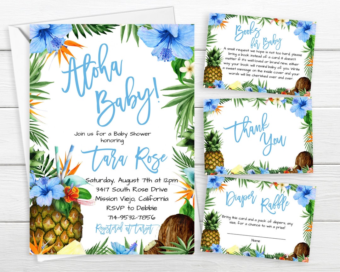 Blue Aloha Baby Shower Invite, Tropical Luau, Boy Invitation, Teal Blue ...