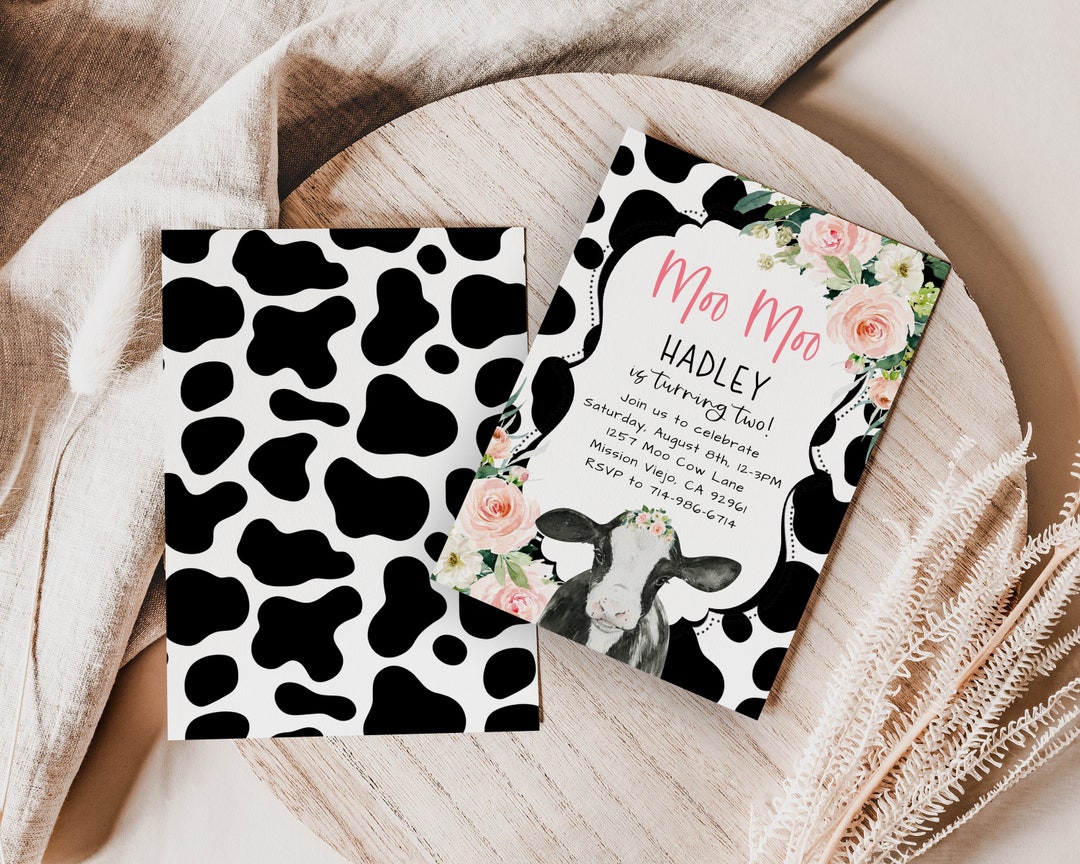 Pink Floral Cow Birthday Party Invitation 2nd Birthday ANY - Etsy