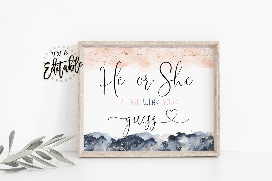 He or She Wear Your Guess Sign, Navy Blue & Pink Watercolor, Gold ...