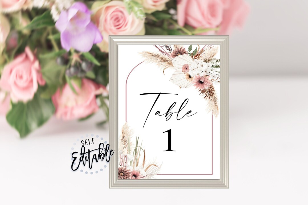 Mauve Boho Floral Table Numbers Sign, Pampas Grass, Dried Flowers, Arch ...
