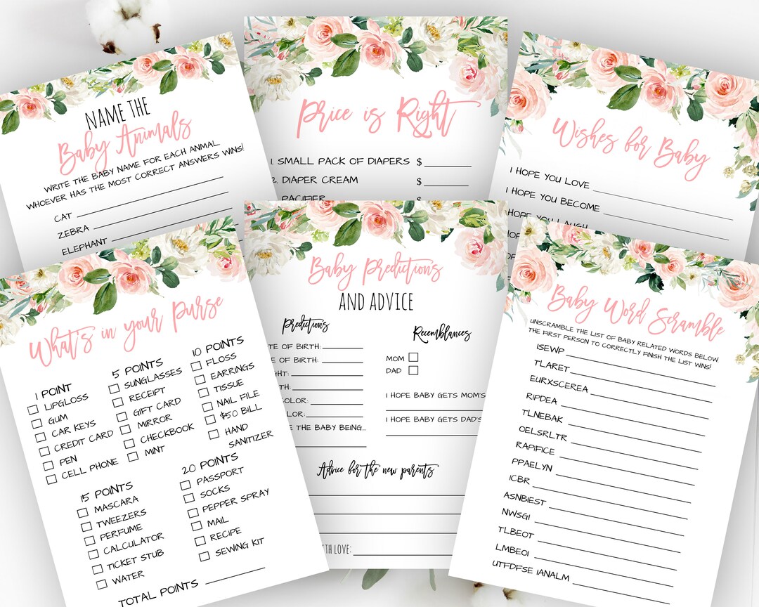 Floral Baby Shower Games Bundle, Pink Floral, Word Scramble, What's in ...