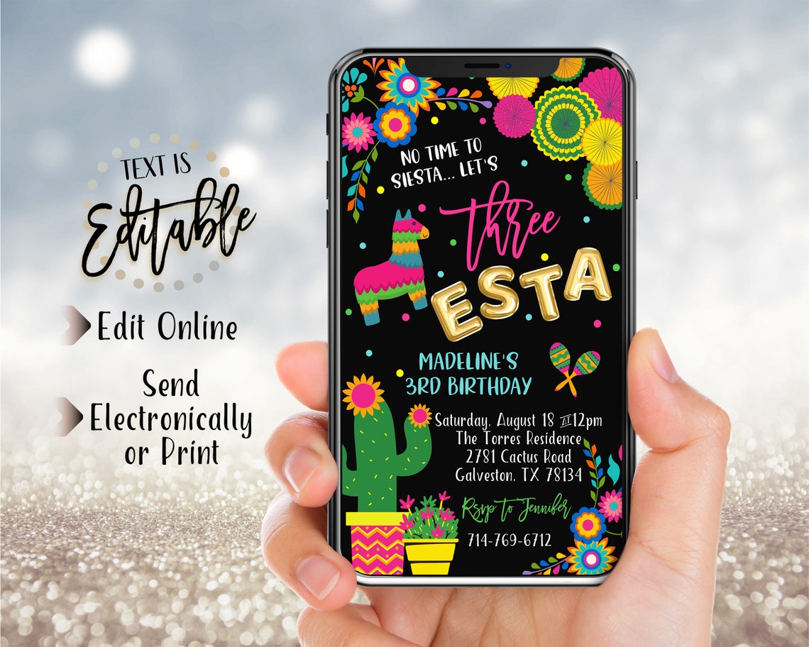 Three-esta Birthday Party Invitation, Let's Fiesta, Mexican Fiesta ...