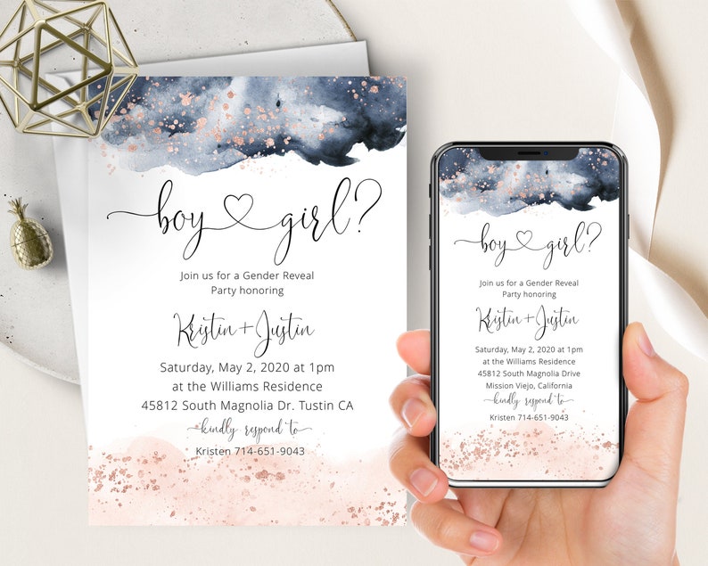 Rose Gold and Navy Gender Reveal Phone Inviteprintable - Etsy