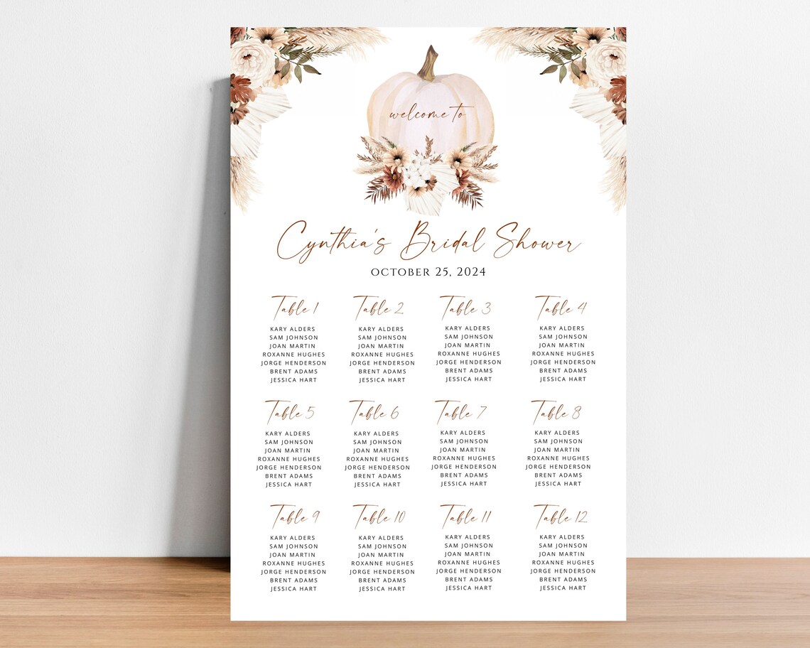 Fall Pumpkin Seating Chart, Bridal Shower, Baby Shower, Table Numbers ...