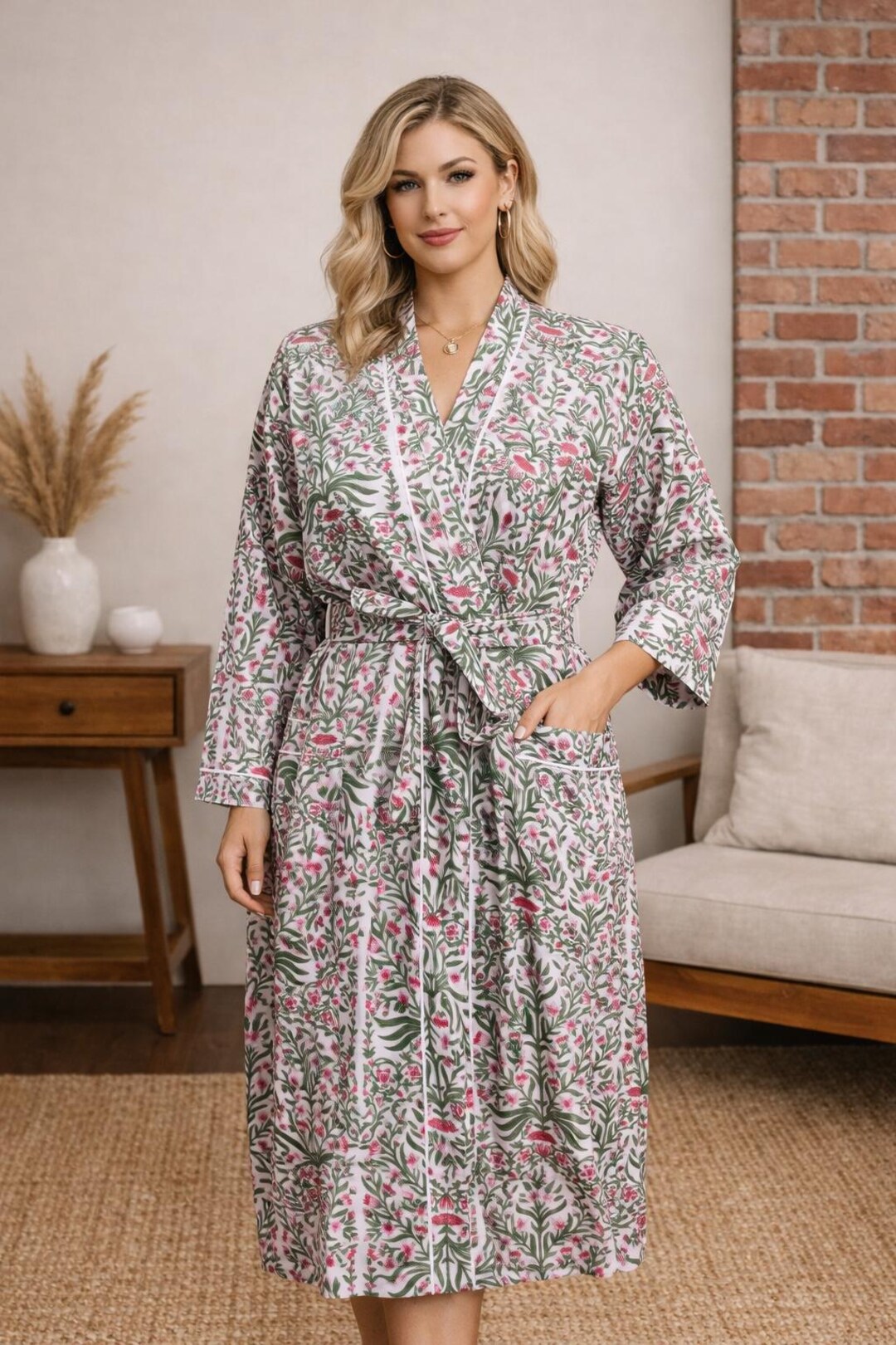 Handmade Indian Cotton Kimono Robe | Floral Print Boho Style | Soft ...