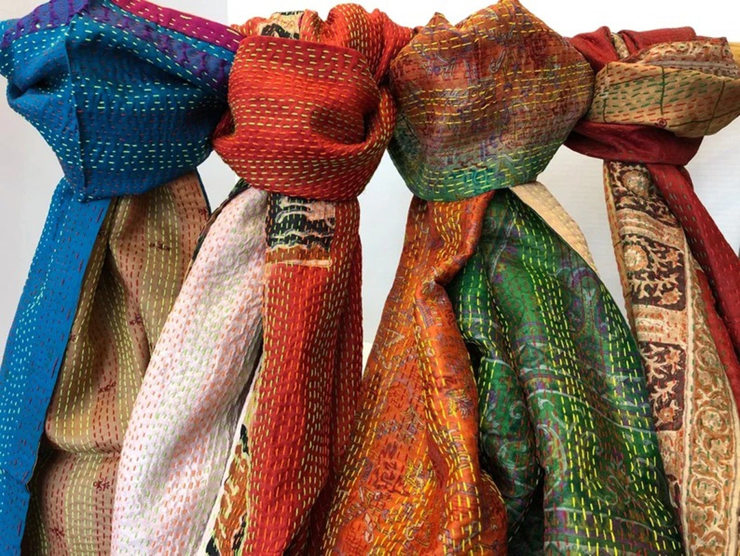FREE SHIP Recycle Silk Kantha Scarves Traditional Stoles Wrap Sari Patchwork Scarf Shawl ...