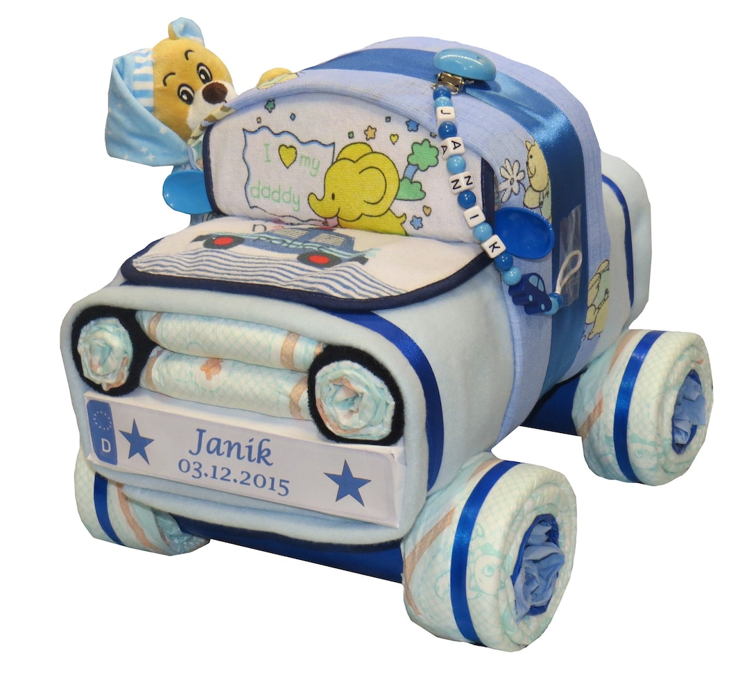 Diaper Cake Boy Diaper Car With Bear and Pacifier Chain Blue Gift for ...