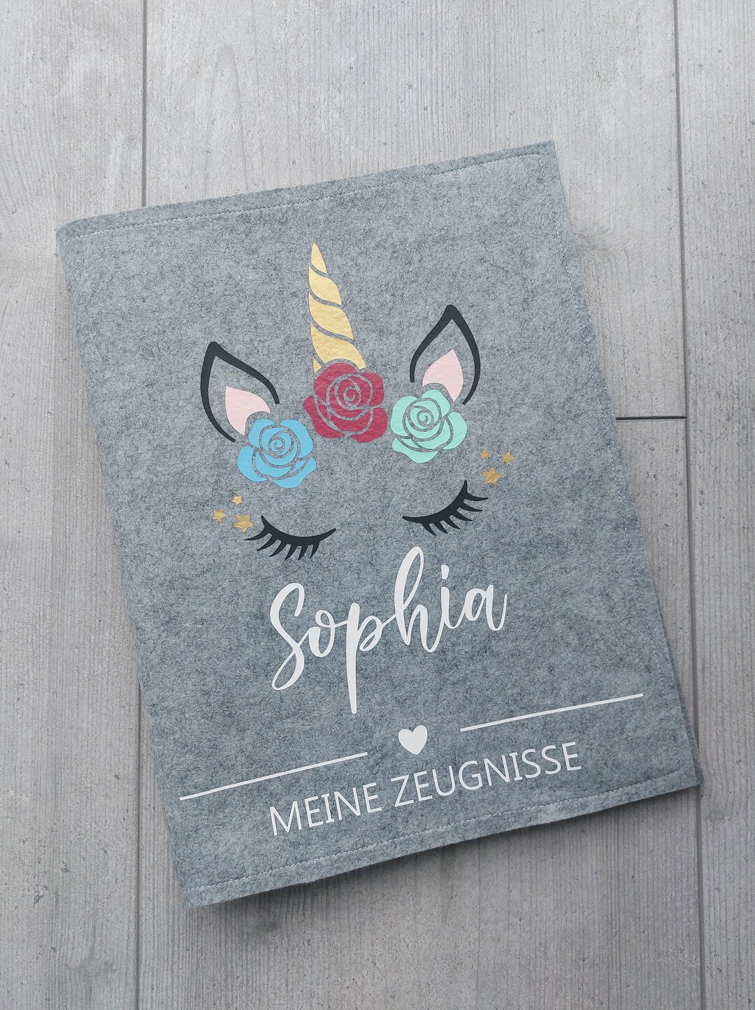 Zeugnismappe Zeugnishülle Einhorn Unicorn Filz A4 inkl. Sichtbuch Einschulung Geschenk ...