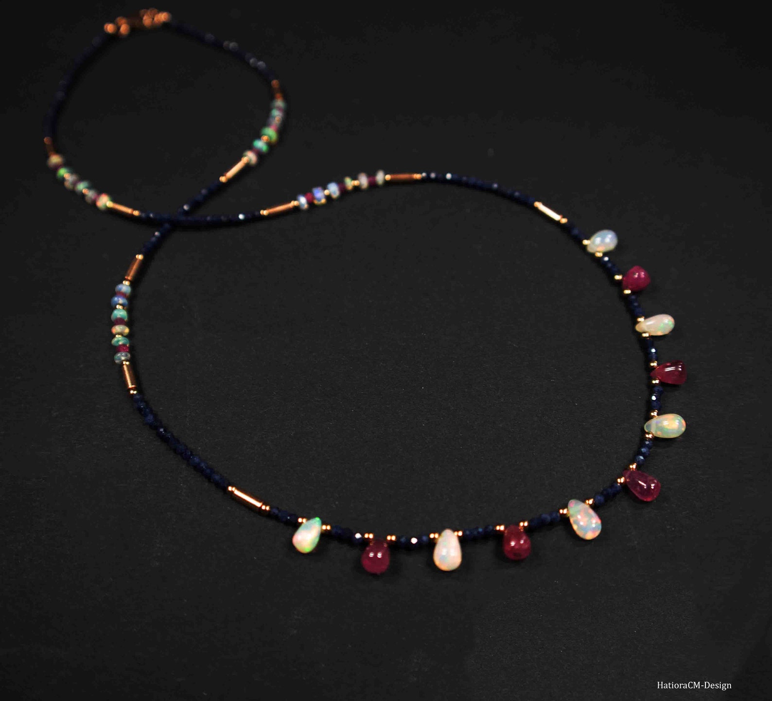 Ruby Necklace With Sapphires and Ethiopian Opals, Rose Gold Plated ...