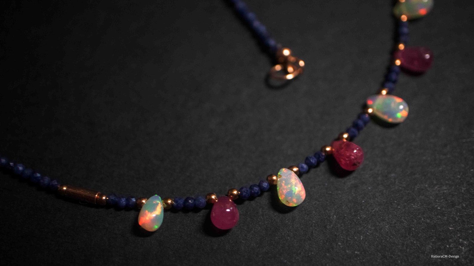 Ruby Necklace With Sapphires and Ethiopian Opals, Rose Gold Plated ...