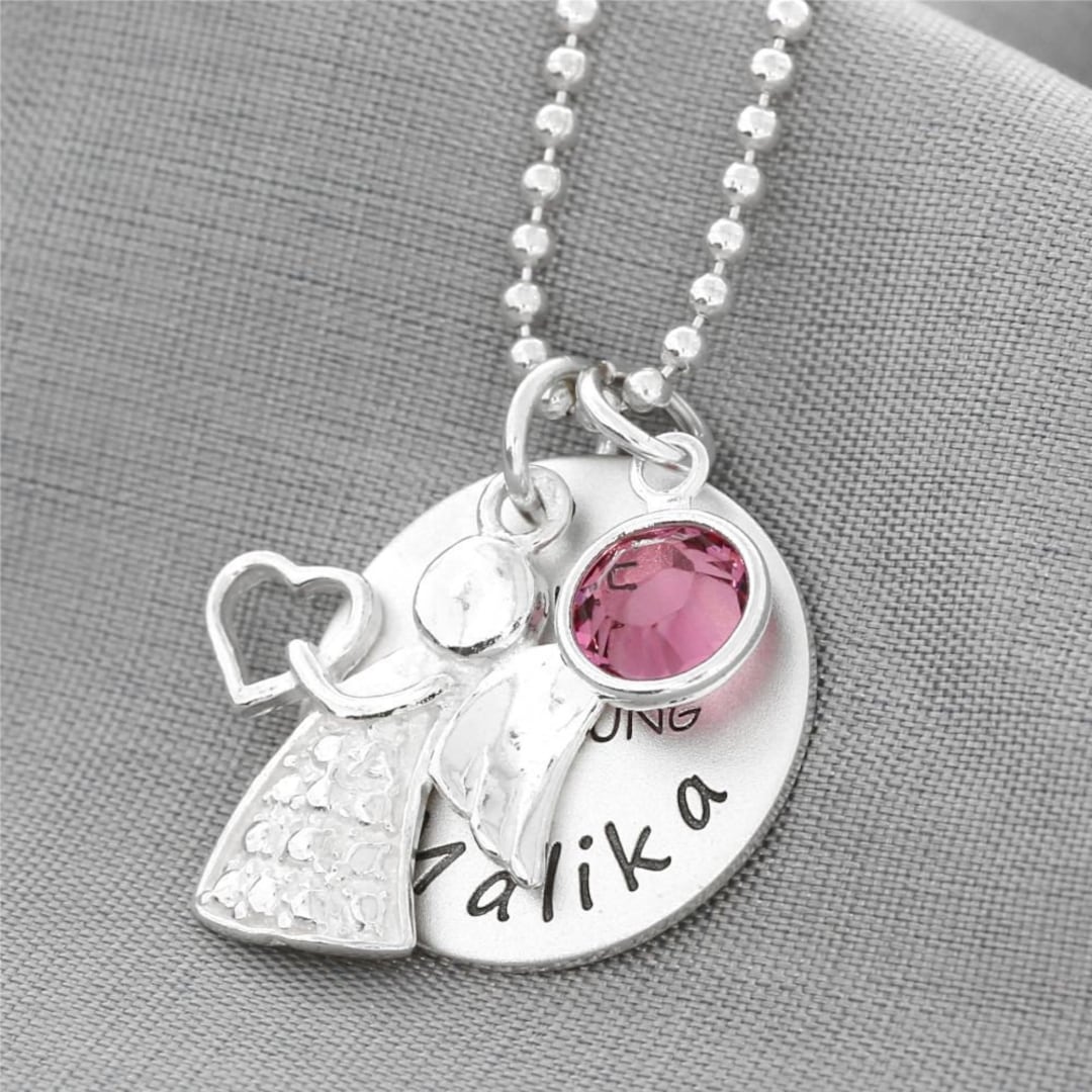 Silver Chain Angel Baptism Jewelry With Month Stone Children's Name ...
