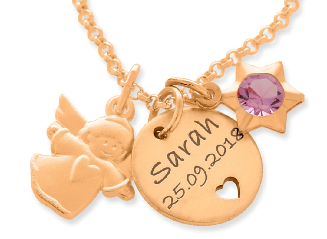 Bijou de baptême avec pendentif ange et étoile gravé, plaqué or rose ...