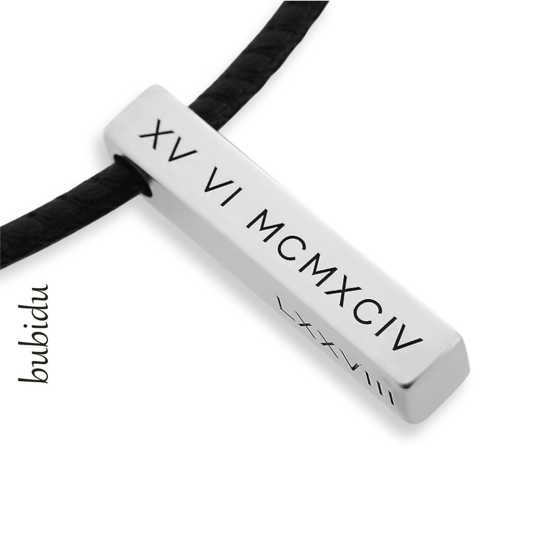 Men's Chain Engraving Roman Numerals Numbers Leather Chain 925 Silver ...