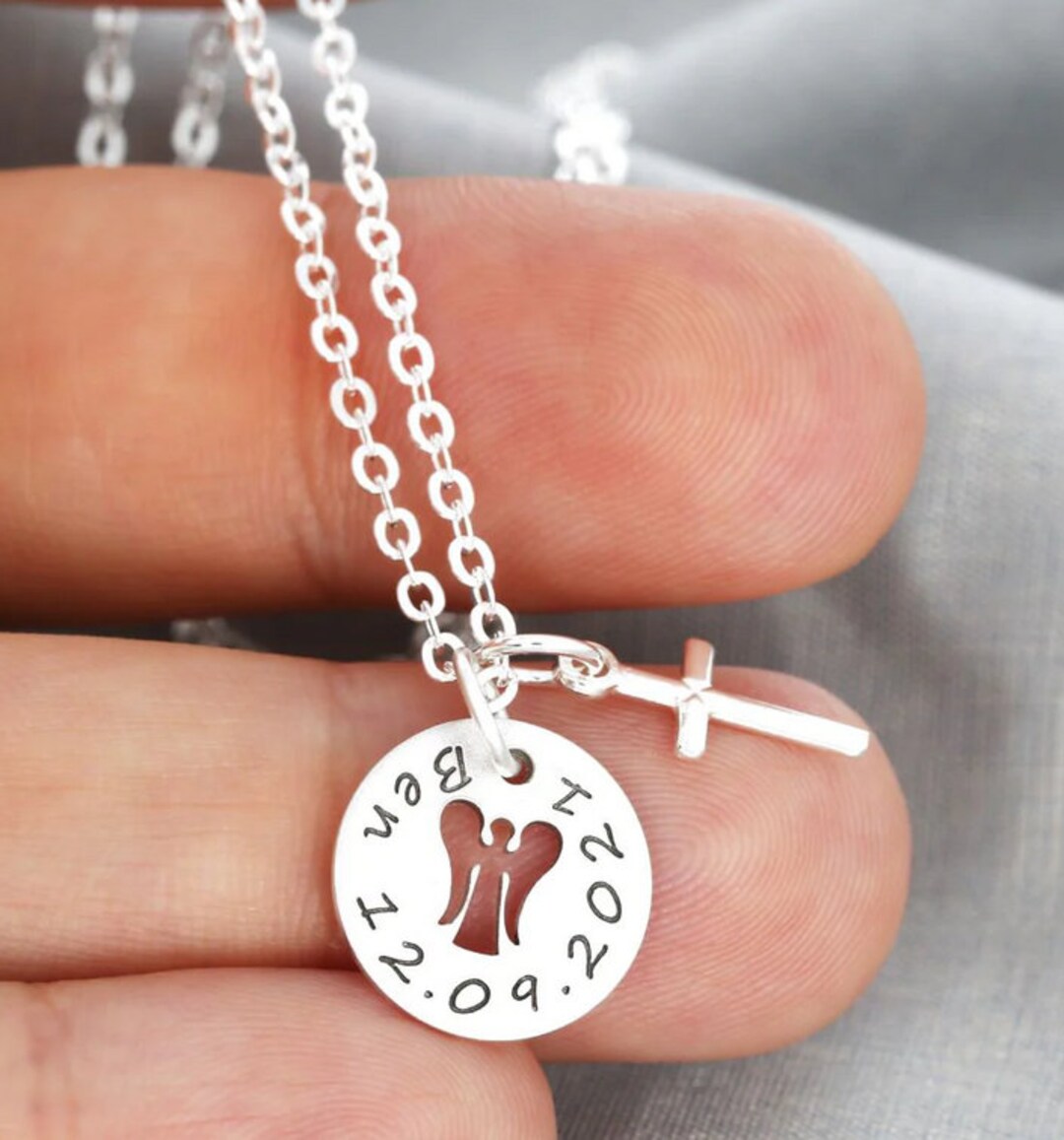 Christening Chain Engraving, Christening Jewelry Silver, Angel Cross - Etsy