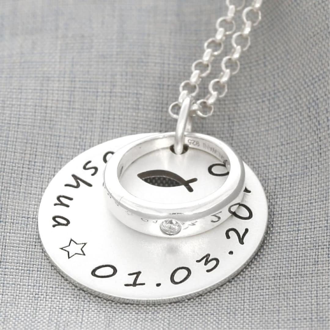 Necklace With Engraved Name and Date Christening Ring Personalized ...