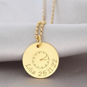 Birth Clock Pendant 17mm With Time Silver Gold Plated Engraving Name ...