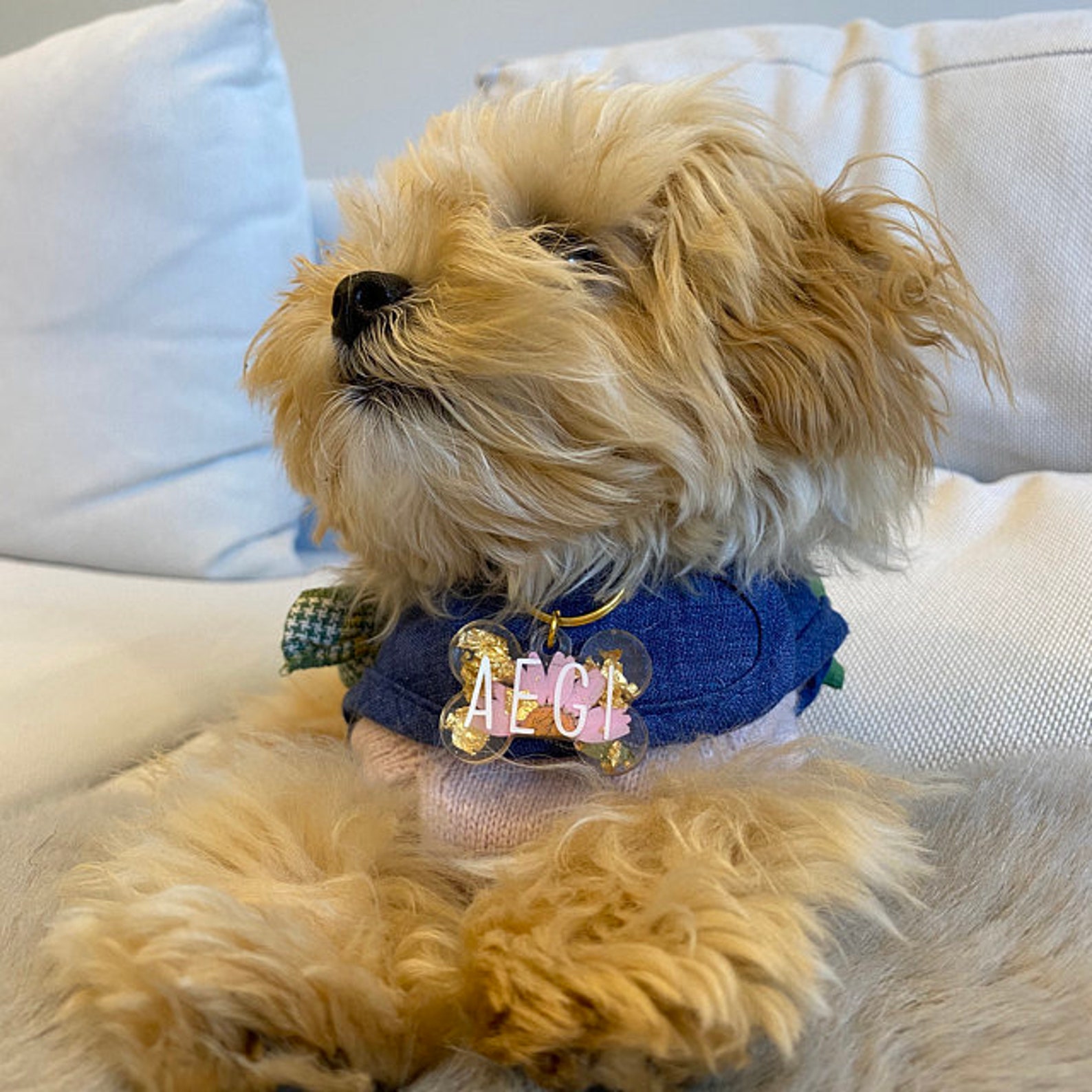 Flower Gold Flakes Clear Dog Tag Small and Large Floral - Etsy