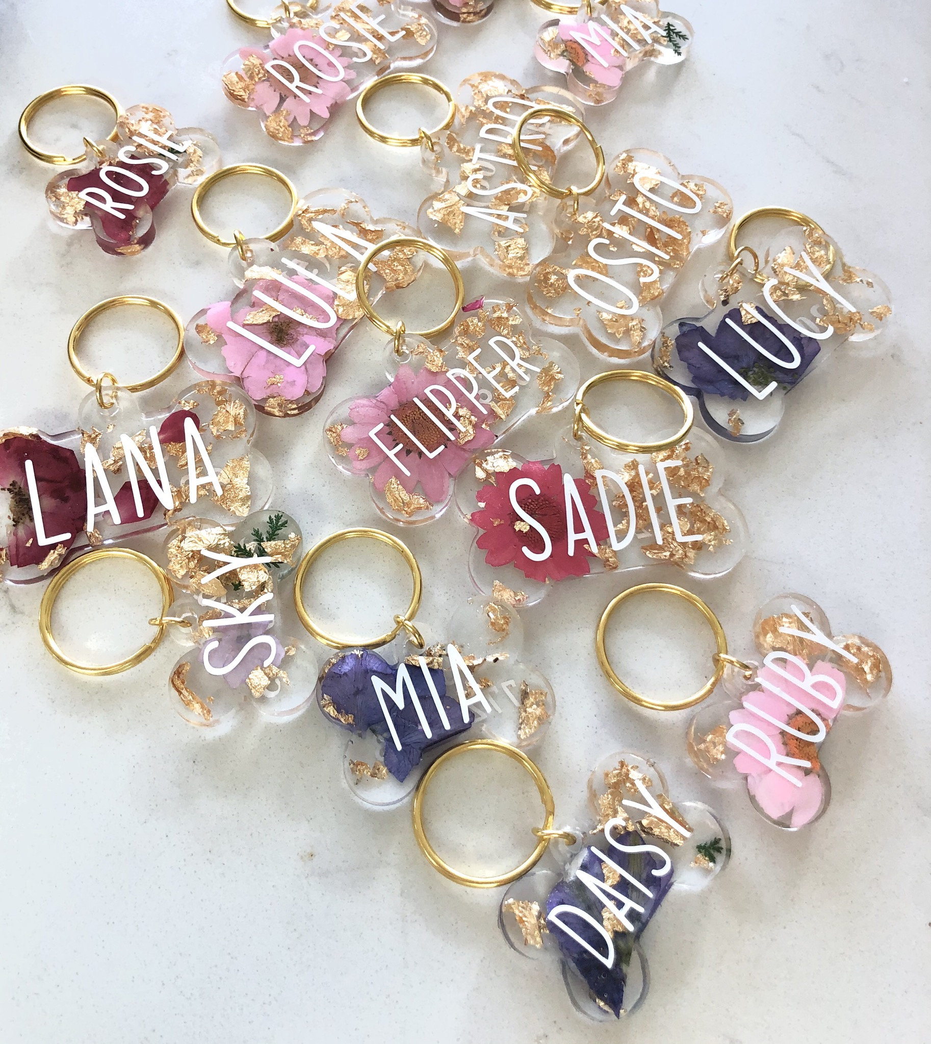 Flower Gold Flakes Clear Dog Tag Small and Large Floral | Etsy