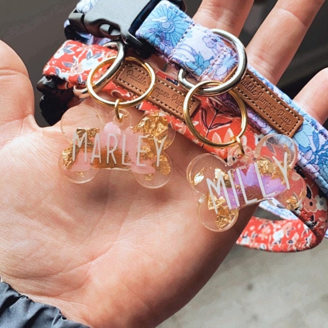 Flower Gold Flakes Clear Dog Tag Small and Large Floral | Etsy