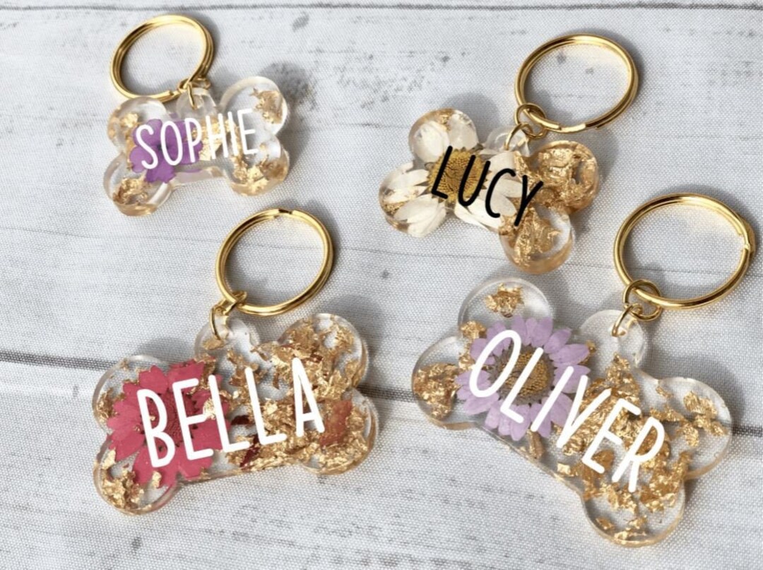 Flower Gold Flakes Clear Dog Tag Small and Large, Floral, Resin, Epoxy ...