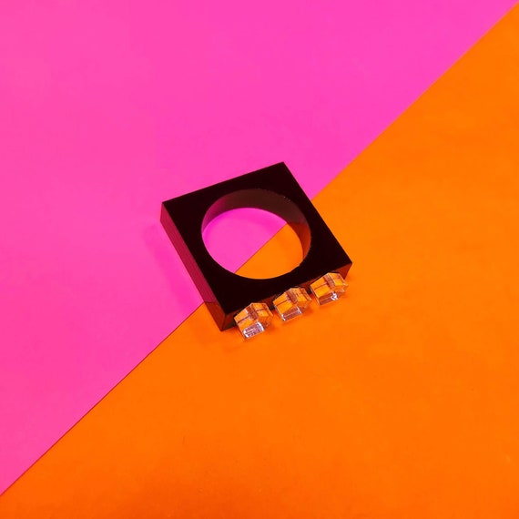 Laser-cut black acrylic modern square shape ring with three | Etsy