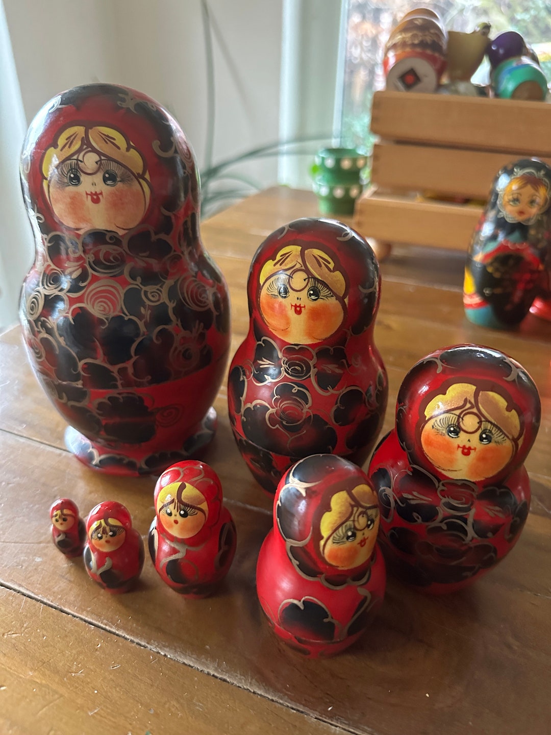 Vintage Babushka Matrioshka Folklore Dark Red Woman 16 Cm High 7 Pieces ...