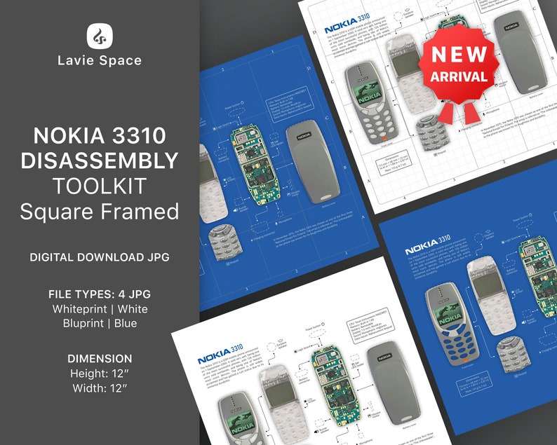 Nokia 3310 Teardown Blueprint Poster, Retro Cellphone Art (digital ...