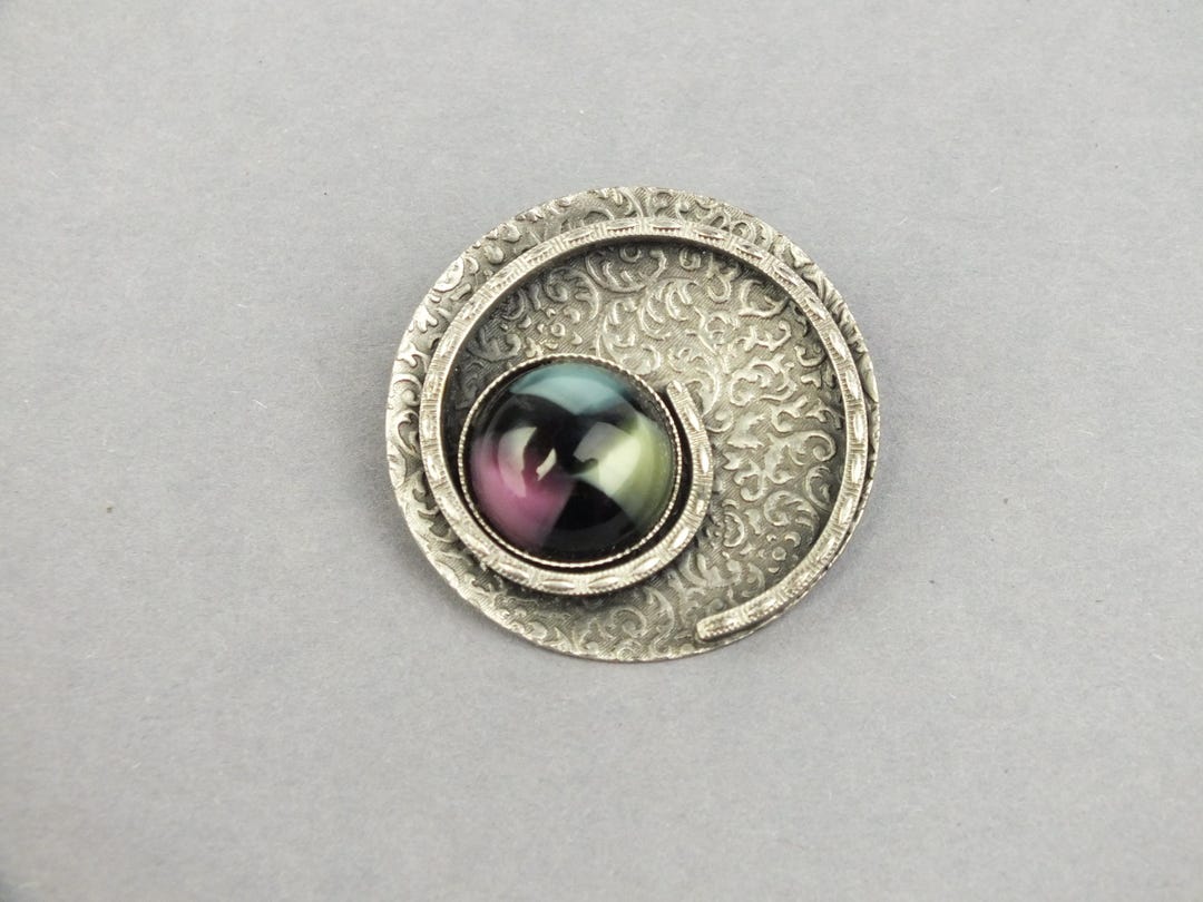 Vintage Brooch Matt Silver, Pin With Glass Cabochon, Fashion Jewelry ...