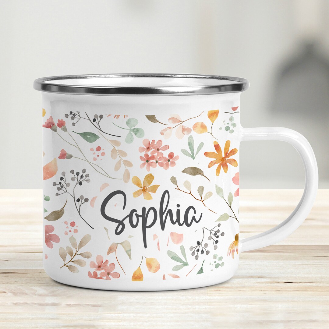 Tasse Mit Namen Personalisiert, Blumenmuster, Geschenkidee, Emaille ...