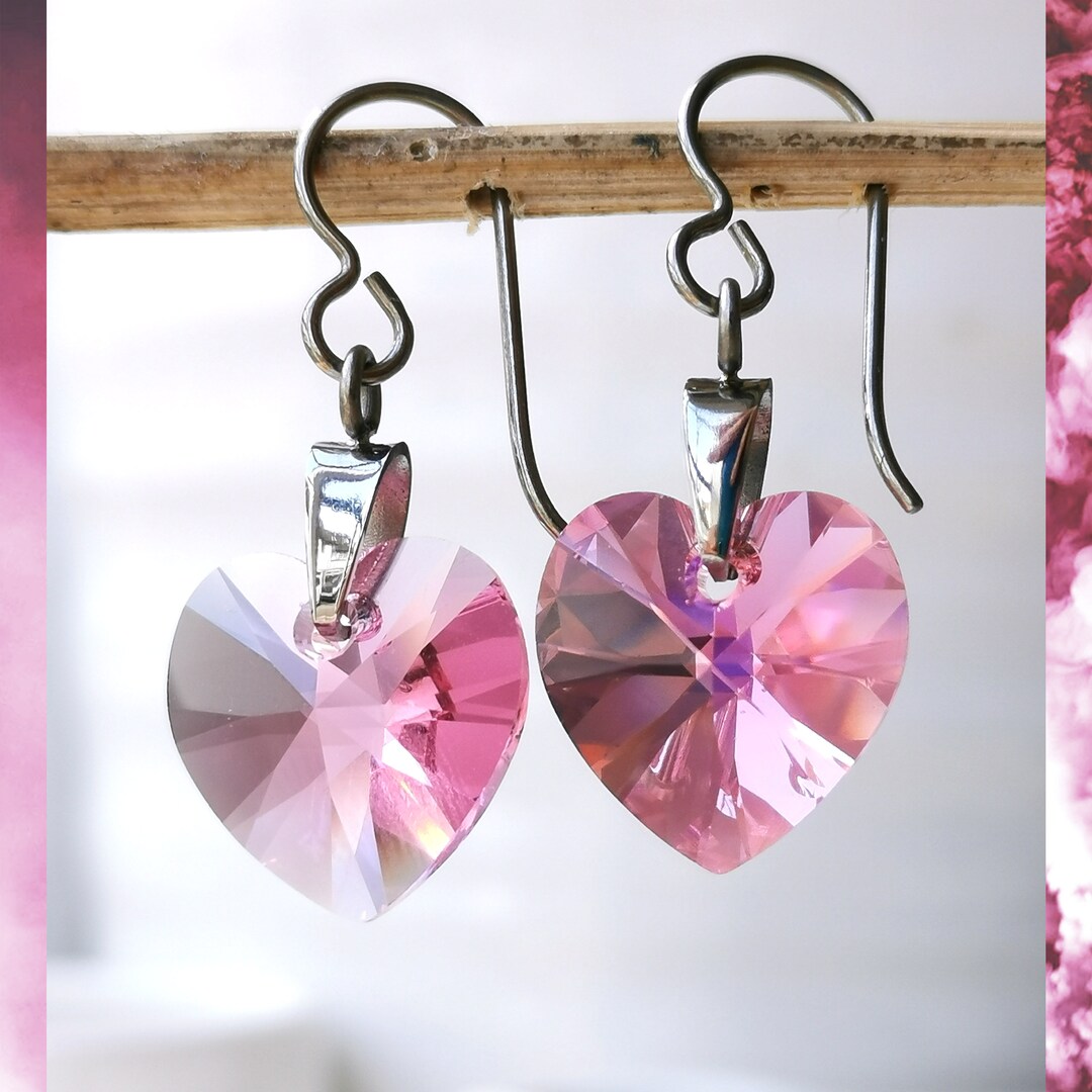 Titanium Rose Pink Heart Drops. Made With Rose Coloured Crystals & Pure ...