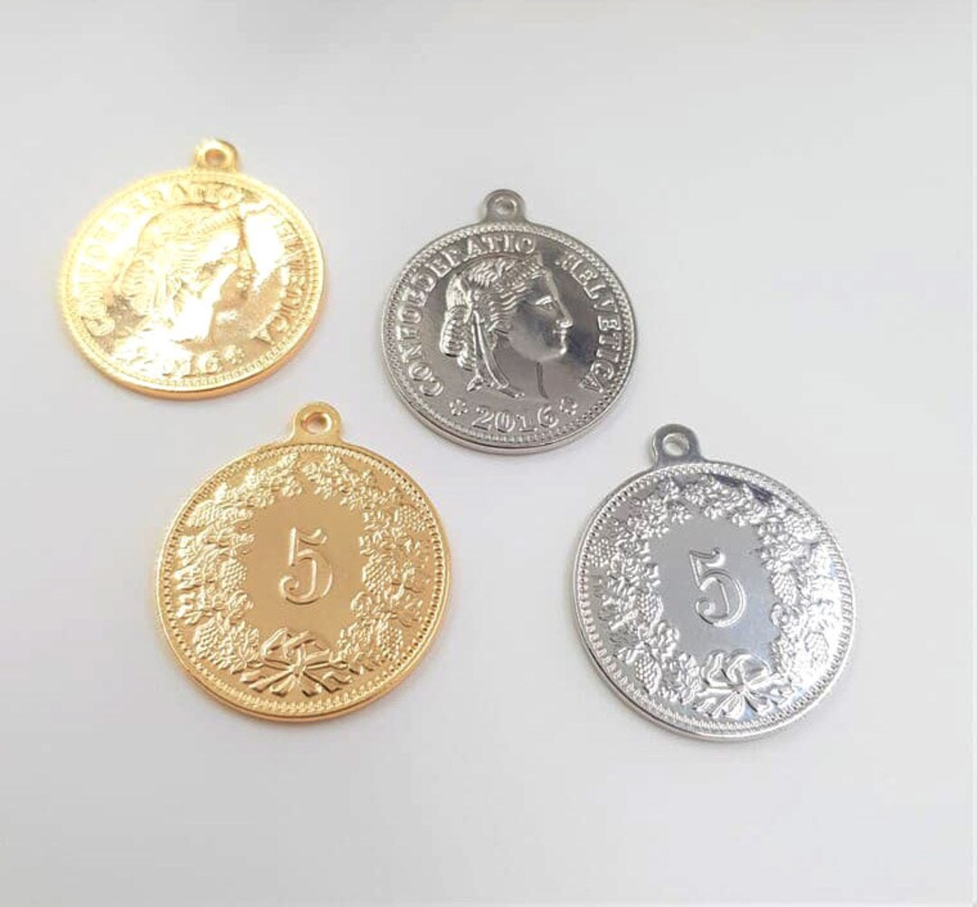 Pendant, Round, Coin Embossed, Silver/gold Plated, 2.5 Cm - Etsy