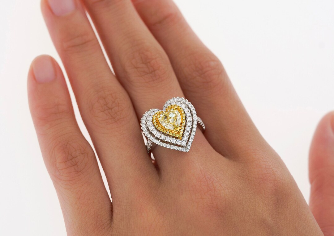 GIA Certified Fancy Yellow Heart Cut Diamond Ring, Double Halo 18k Gold ...