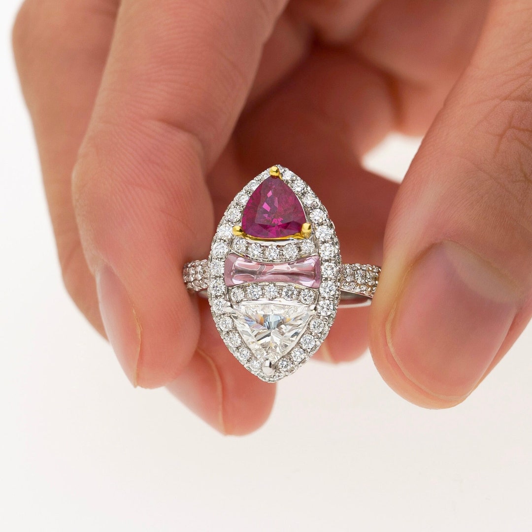 GRS Certified Trilliant Cut Burma Ruby and Diamond Long Oval Shaped ...