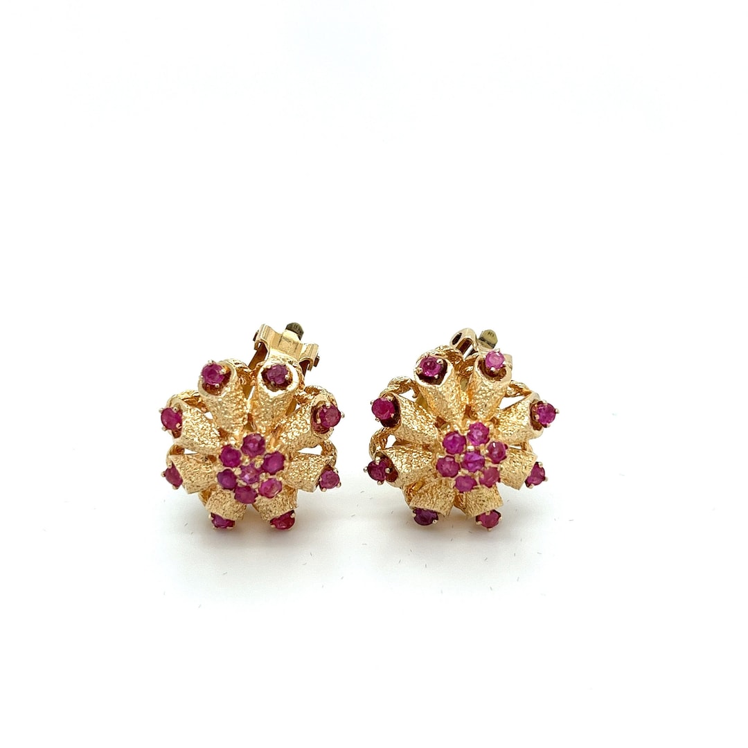 Vintage Ruby Cluster Lever Back Earrings With Textured Matte Finish in ...