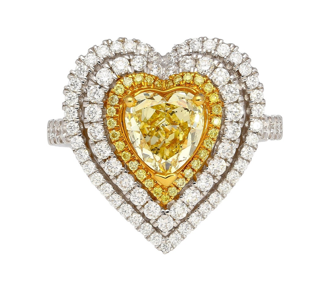 GIA Certified Fancy Yellow Heart Cut Diamond Ring, Double Halo 18k Gold ...