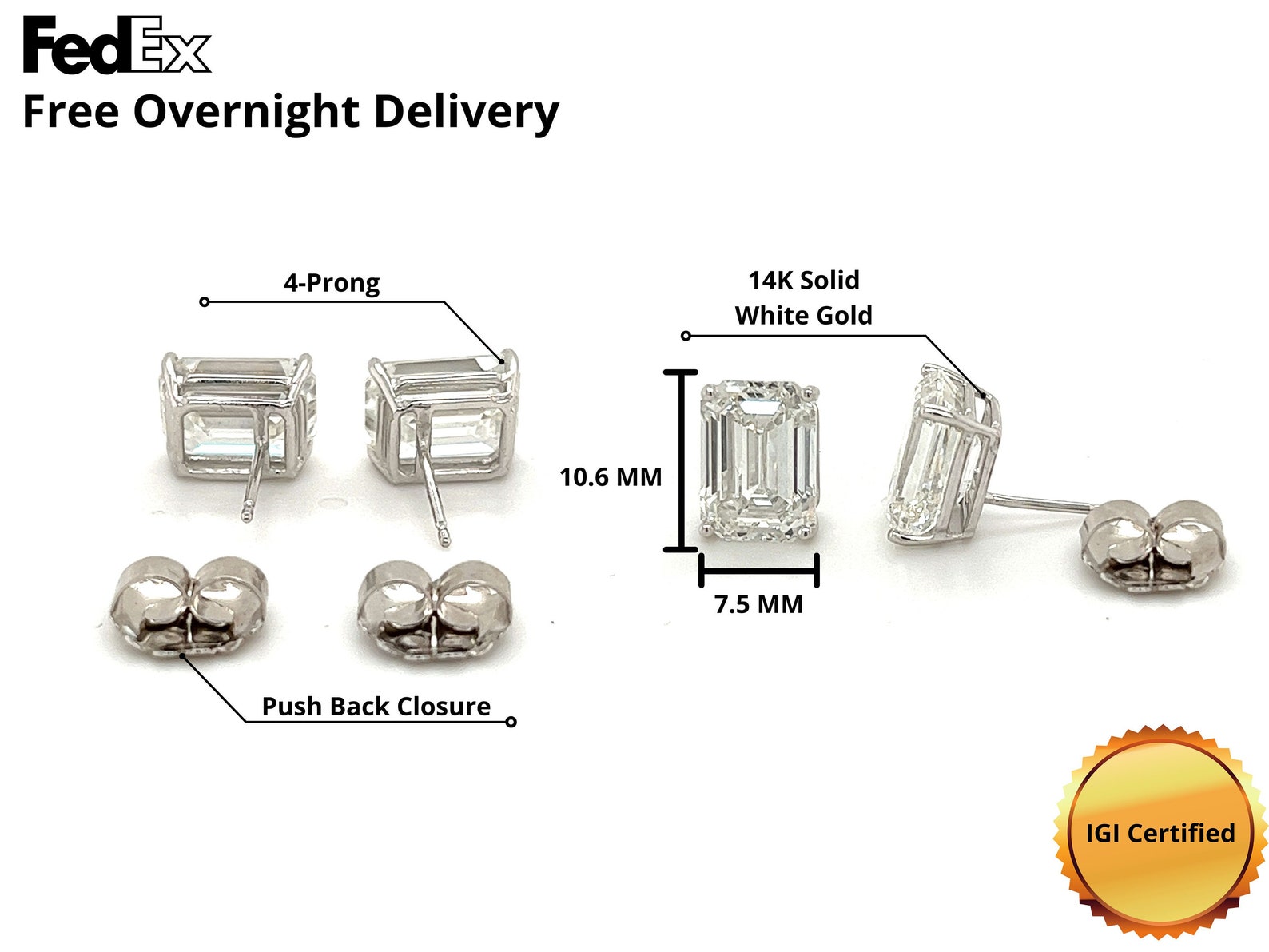 8 Carat Total Emerald Cut Stud Earrings in 14k White Gold Push Back ...