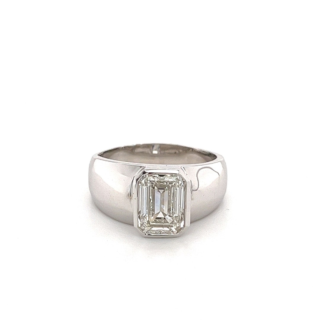 Bezel Set 2 Carat Emerald Cut Lab Grown Diamond Ring in 14K White Gold ...