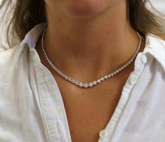 10 Carat Natural Diamond Graduated Tennis Necklace 18k White Gold 16.5 Inches 4 prong Round Link Riviera Tennis Necklace Etsy