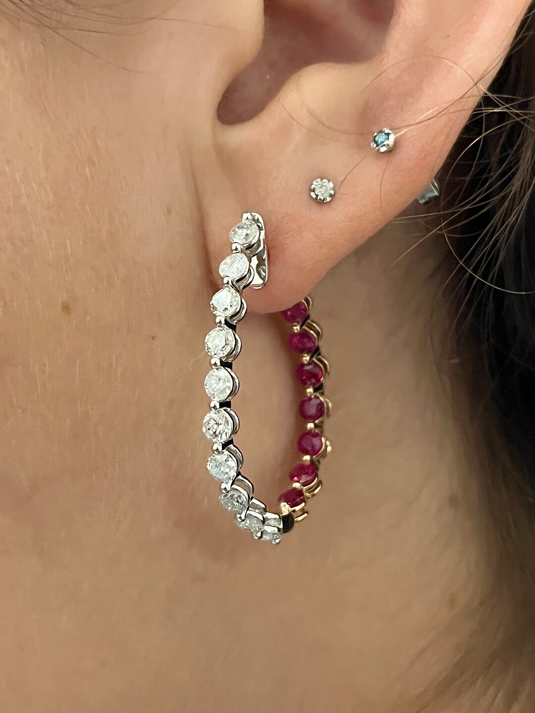 Inside Out Ruby and Diamond Hoop Earrings, 18k White / Rose Gold Inside ...