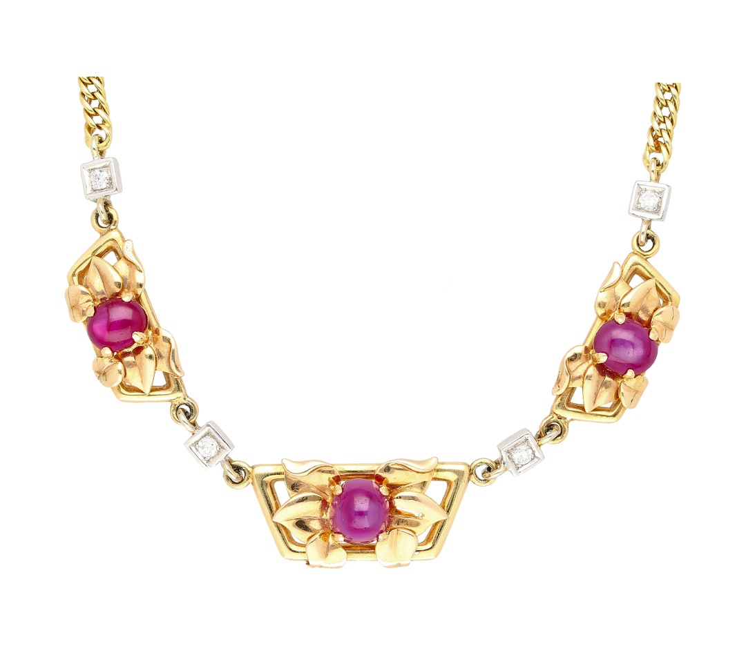 Vintage Retro Era 6.22 Carat Star-ruby & Diamond Necklace With 14K Gold ...