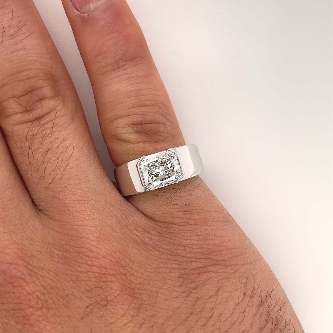 3 Carat Radiant Cut Diamond East West Ring, Half Bezel 3ct Lab Grown ...