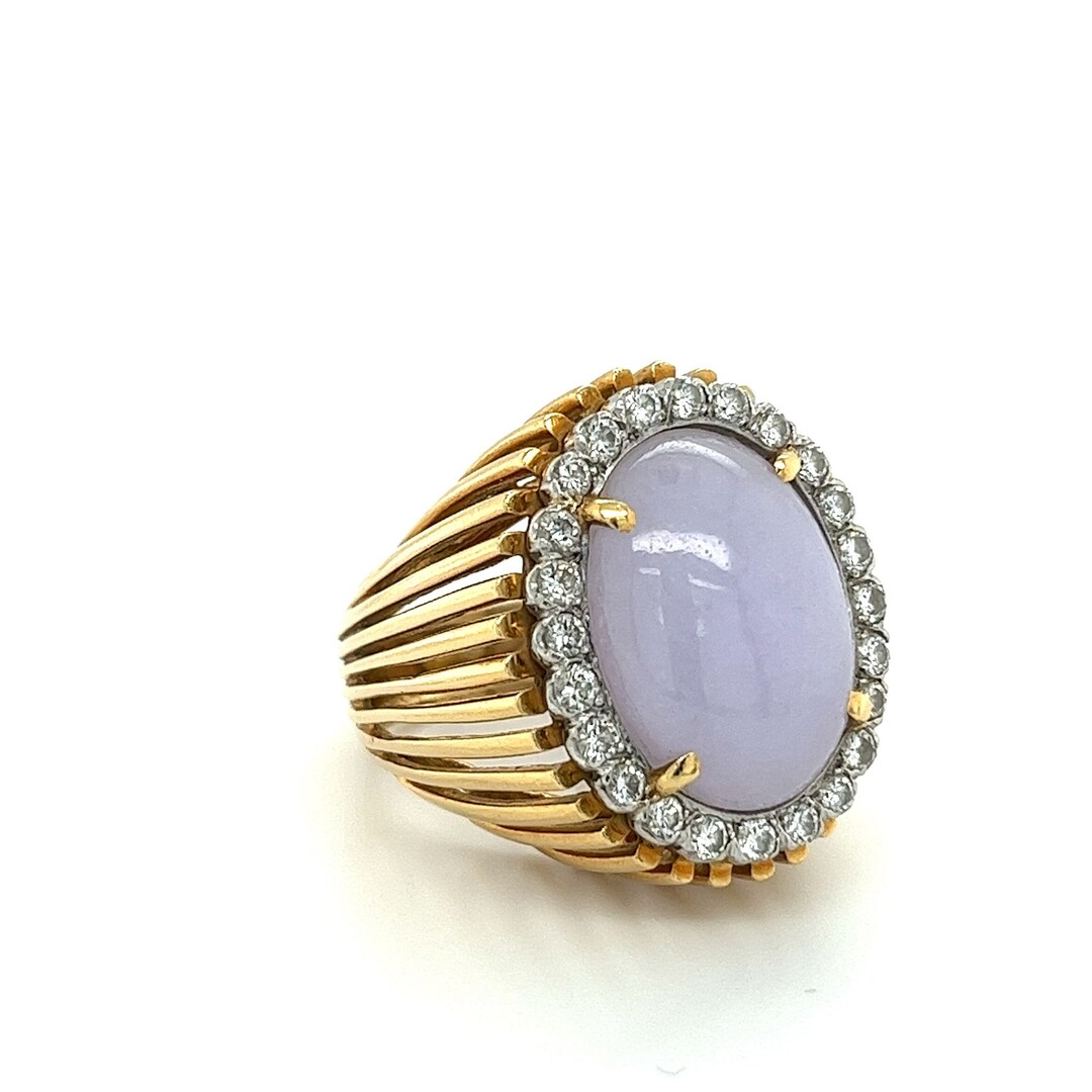 Certified 18K Gold Lavender Jade and Round Diamond Halo Ring, Vintage ...