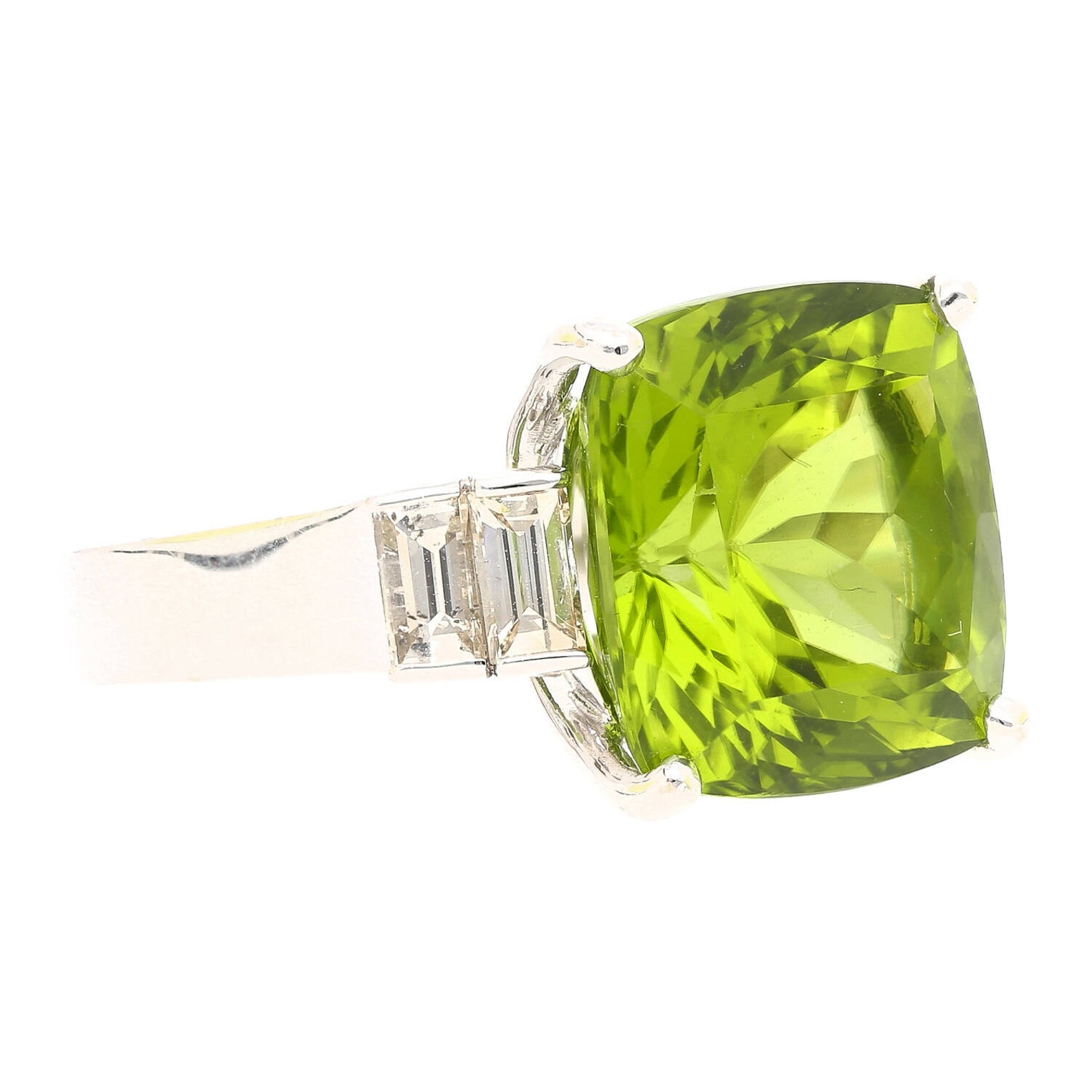 14 Carat Cushion Cut Green Peridot and Baguette Cut Diamond Side Stone ...
