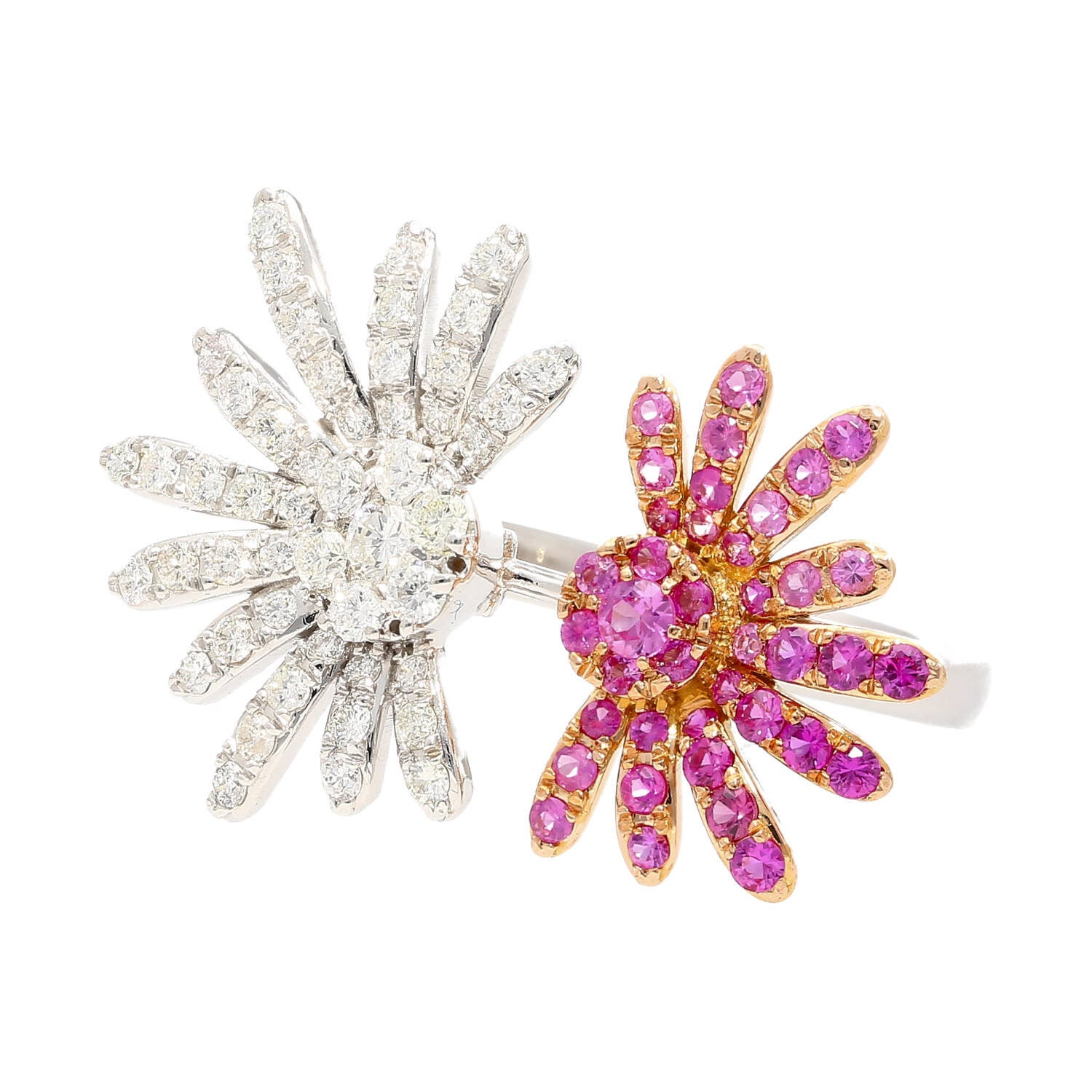 18k White Gold Flower Open Toi Et Moi Ring, Pink Sapp. & Diamond Open ...