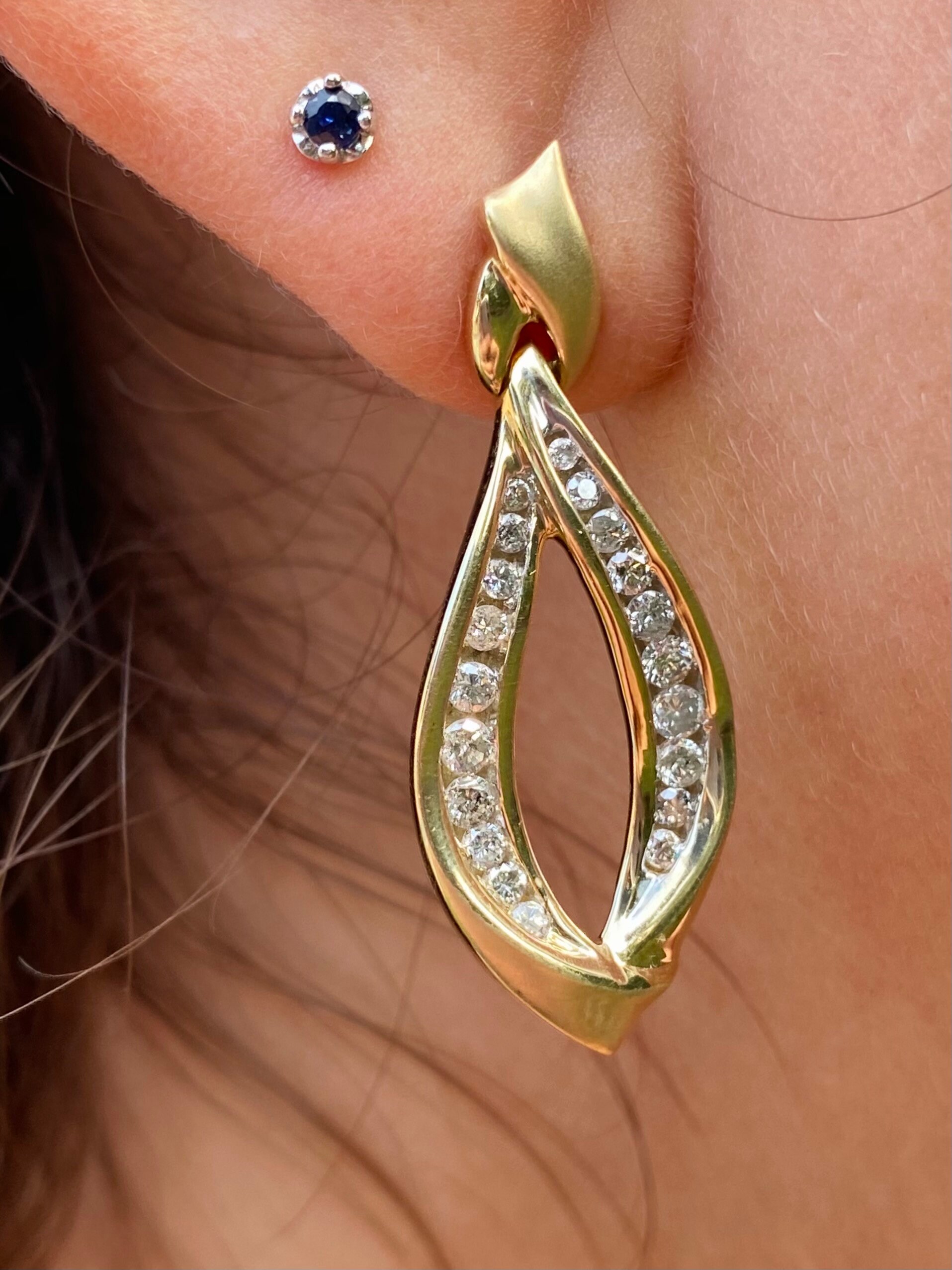 Natural Diamond Drop Earrings in 14k Solid Yellow Gold, Ribbon Shaped ...