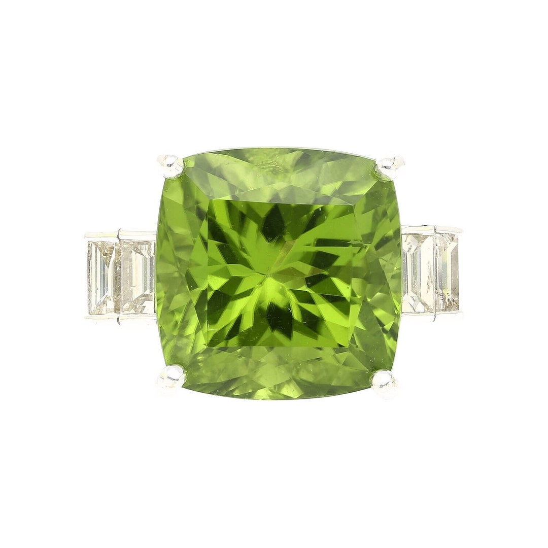 14 Carat Cushion Cut Green Peridot and Baguette Cut Diamond Side Stone ...