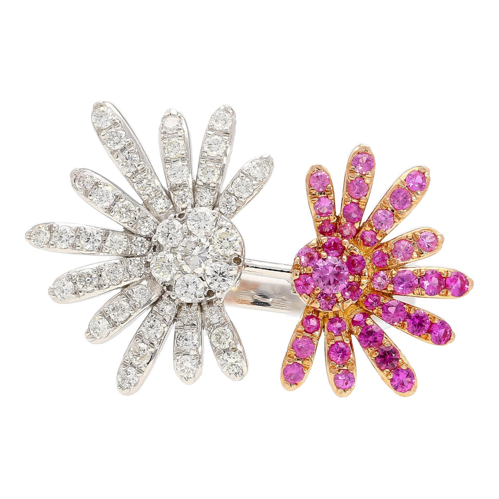 18k White Gold Flower Open Toi Et Moi Ring, Pink Sapp. & Diamond Open ...